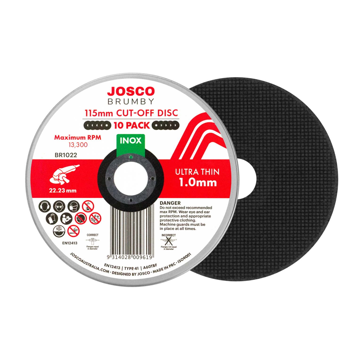 10pc Tin Cut-Off Wheel Thin Stainless 125mm x 1.0mm x 22.23 - Josco